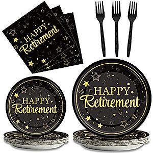 96 Pcs Retirement Party Plates Napkins Tableware Set Happy Retirement Supplies Black and Golden Disposable Dinnerware Decoration Favors for Women Men, 24 Guests
