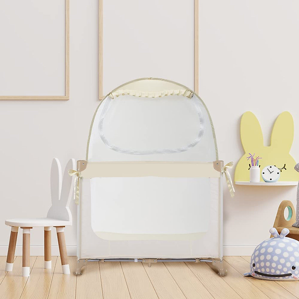 L RUNNZER Pop Up Pack N Play Tent, Baby Crib Net to Keep Baby in, Toddler Mini Crib Canopy for Pack and Play, Mini Cribs & Playard, See Through, Breathable & Portable