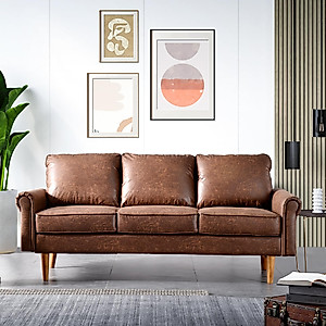 ovios 73.6" Mid-Century Modern Sofa Couch, 3-Seats Leather Couches with Comfy Cushions, Deep Seat Sofas for Living Room Bedroom Apartment and Small Spaces, Dark Brown
