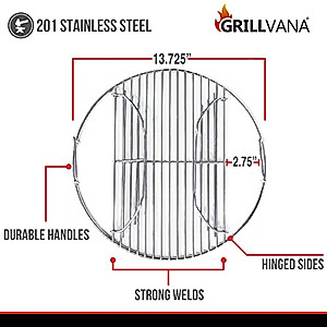 GRILLVANA 201 Stainless Steel Charcoal Grill Cooking Replacement Grate (ACTUAL DIAMETER 13.72 INCHES) With handles and hinges - Compatible with Weber 14" Smokey Joe