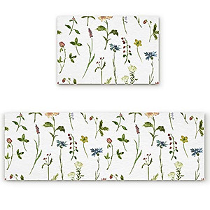 Aomike Kitchen Mats 2 Piece, Wildflower Bellflower Flower Collection Doormat, Absorbent Kitchen Rugs Set Inside Floor Mat for Kitchen/Office/Entryway, 21.5" x 23.6"+21.5" x 47.2"
