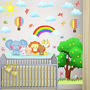KOKOLAP Tree Animal Wall Stickers,Forest Animal Wall Decal Baby Room Decor,Nursery Wall Decor Rainbow Wall Stickers Peel and Stick,Elephant Bear Wall Sticker Kids Room Bedroom Classroom Playroom Decor