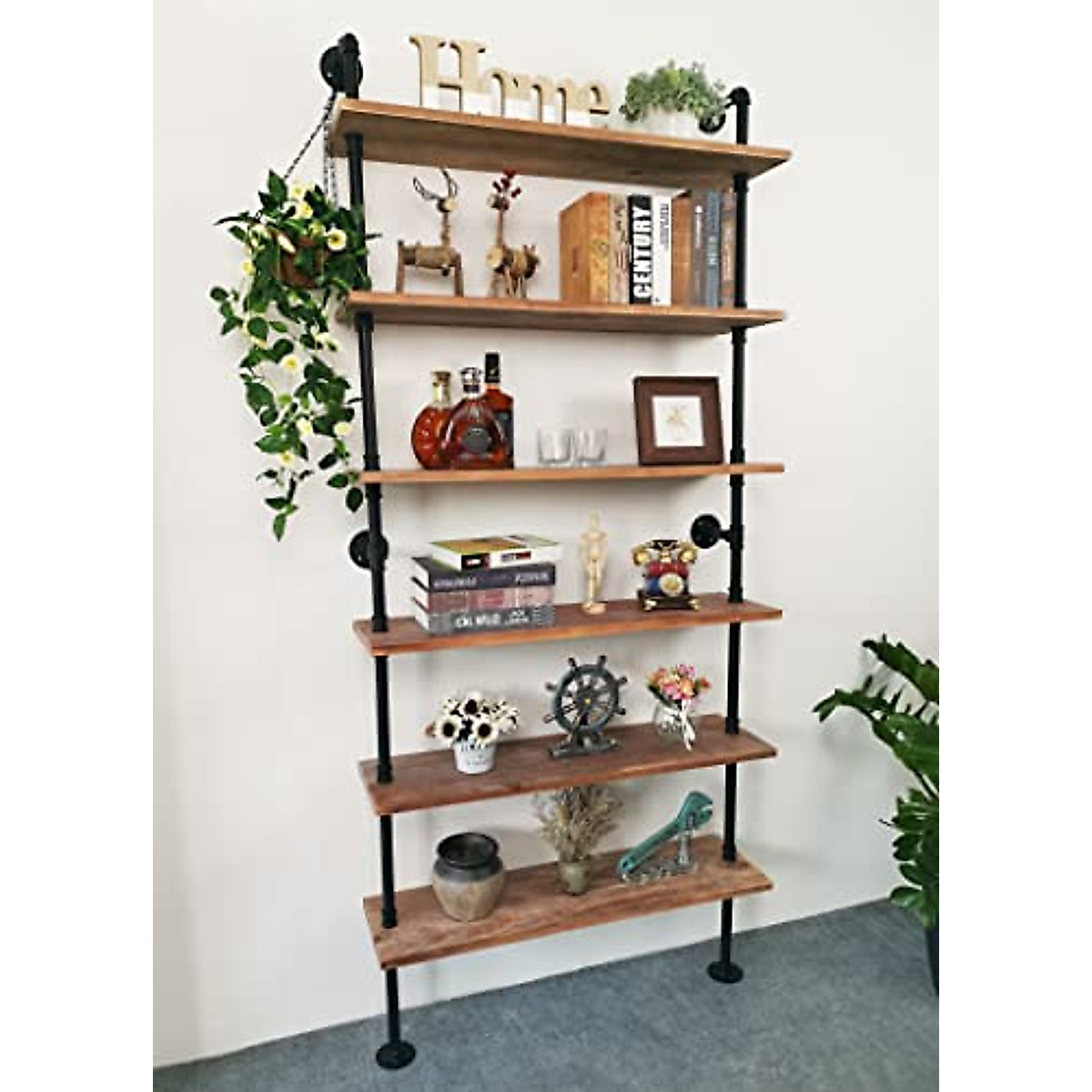 Anynice 6 Tier Industrial Ladder Pipe Shelf Bookcase, Rustic Wall Mounted Pipe Bookshelves for Decor and Storage