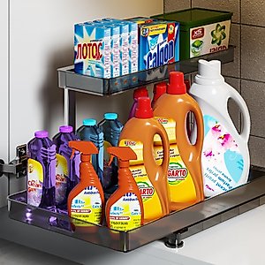 Under Sink Organizer and Storage, 2 Tier Sliding Under Sink Shelf, L Shaped Pull Out Cabinet Basket Organizer, Multi-Purpose Slide Out Organizer Rack for Bathroom, Kitchen