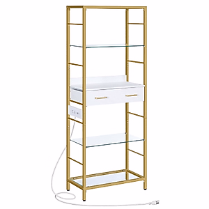 HOOBRO 5 Tier Bookcase with Charging Station, White and Gold Bookshelf with Drawer, Storage Shelves, Tempered Glass Bookshelf with Metal Frame, Open Display Shelves for Living Room, Gold DW65USJ01