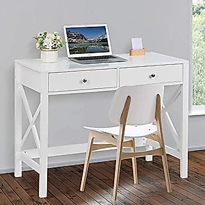 Usinso White Writing Computer Desk with Drawers,Small Modern Table for Bedrooms,White Vanity Table,Office Desk with Drawers（White）
