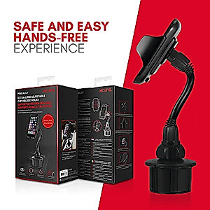 Macally Car Cup Holder Phone Mount - Secure Cupholder Fit for Phones up to 4.1” Wide - Cup Phone Holder for Car with Flexible Gooseneck & 360° Rotatable Cradle - Cell Phone Cup Holder for Car