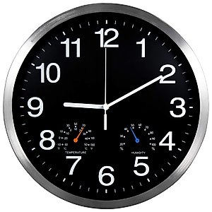 Reynoe 12 Inch Silver Aluminum Frame Wall Clock with Thermometer Hygrometer Battery Operated Silent Movement Decorative for Home