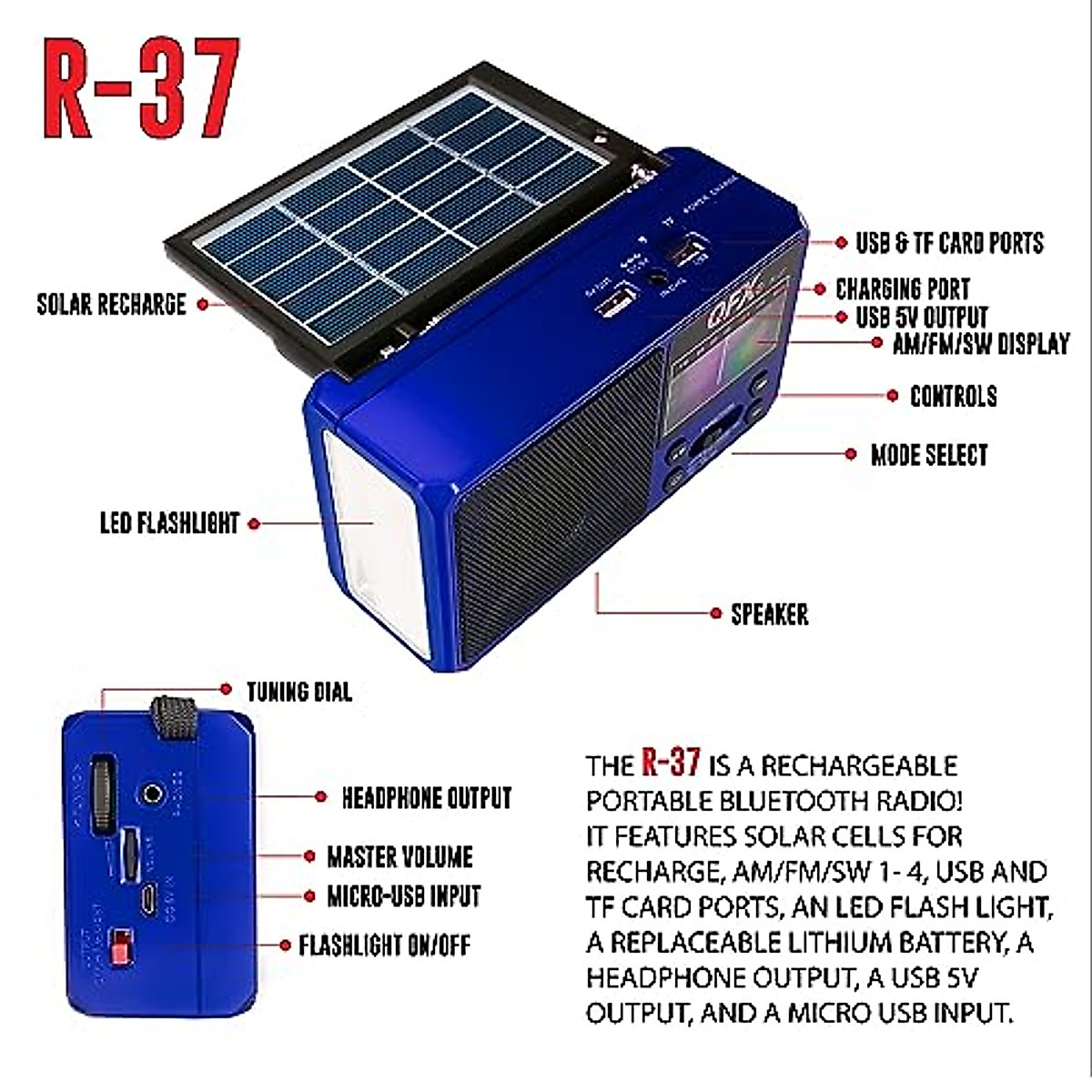QFX R-37-BL 6-Band (AM, FM, SW1 - SW4) Bluetooth LED Flashlight Solar Radio (2021 Model)