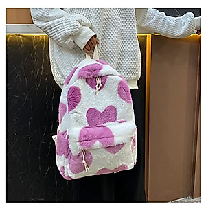 Tomato City Fuzzy Backpack Fluffy School Shoulder Bag Purse Pink Heart Pattern (Pink Heart,Faux Fur) Medium