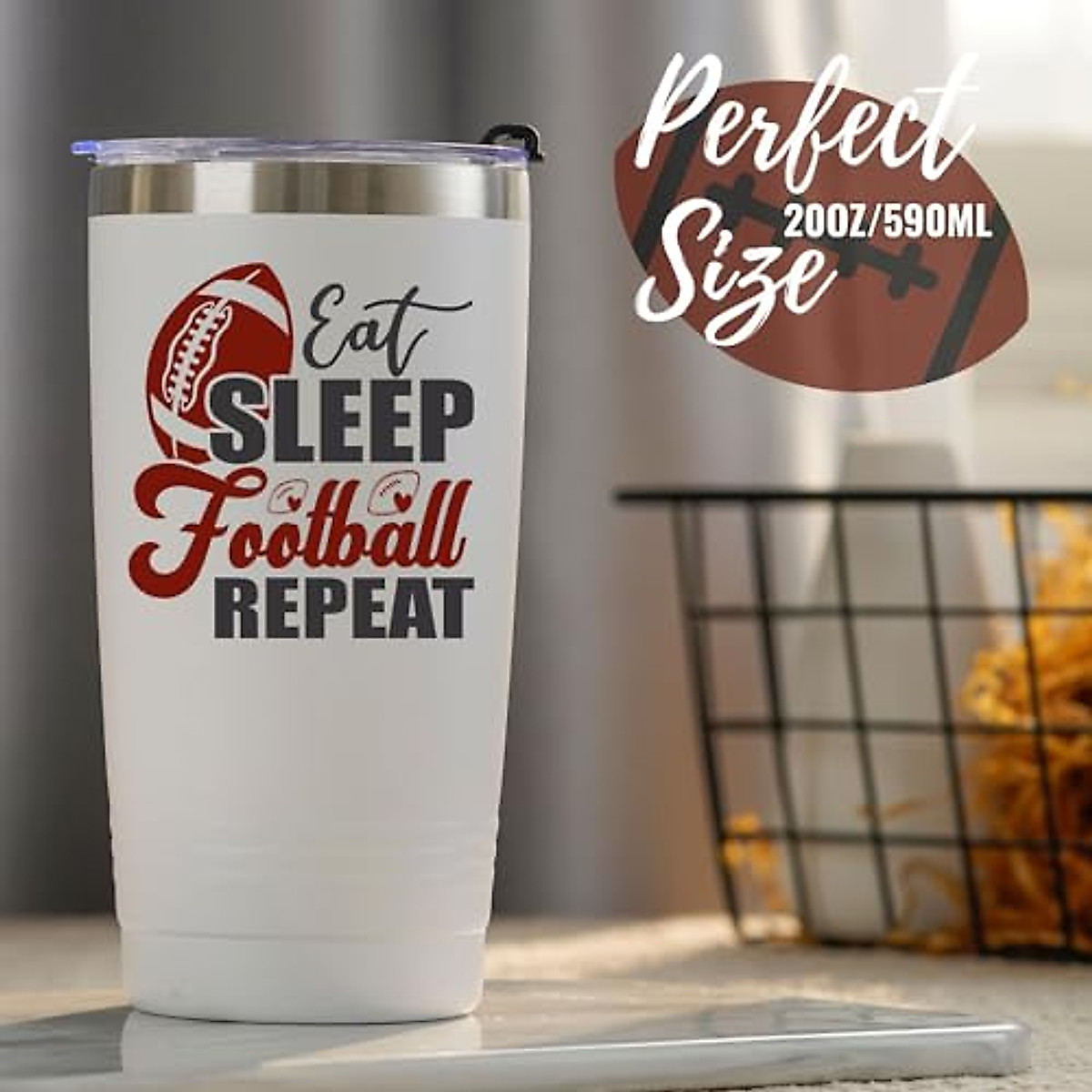 Onebttl Football Lovers Gifts, Funny American Football Gifts for Coach, Men, Dad on Birthday Christmas, 20oz Stainless Steel Tumbler, White, Eat Sleep Football Repeat