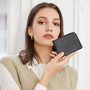 AOLUC Top Grain Genuine Leather Small Slim Mini Change Wallets for Women RFID Blocking Pocket Zipper Wallet Ladies Card Case Coin Purse with ID Window