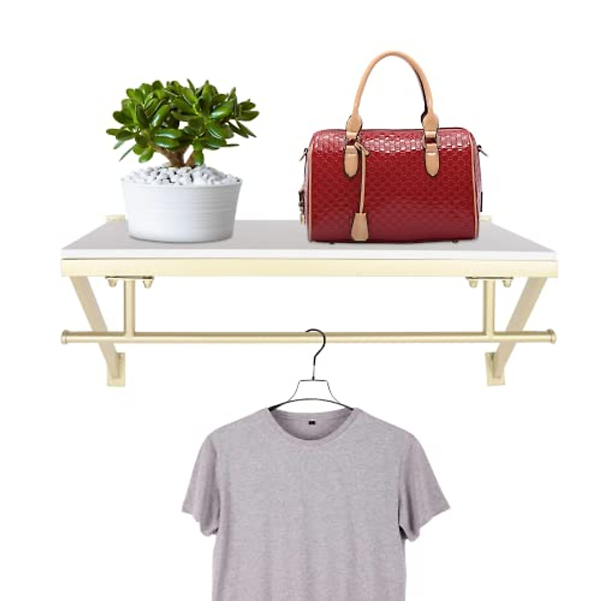 kunghei 31" Boutique Clothes Clothing Store Retail Wedding Dress Display Stand Wall-Mounted Garment Rack w/Wood Storage Shelf, Heavy Duty Clothing Racks for Hanging Clothes Metal Pipe Towel Rack