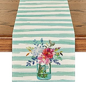 Artoid Mode Watercolor Stripes Flower Vase Spring Table Runner, Seasonal Holiday Kitchen Dining Table Runner for Home Party Decor 13 x 72 Inch