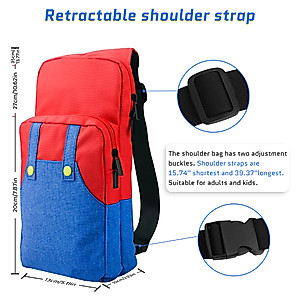 GLDRAM Theme for Mario Switch Travel Bag, Cute Carrying Bag for Nintendo Switch/OLED/Lite, Breathable Switch Crossbody Shoulder Backpack Accessories Bundle with 12 Slots Game Case Holder & Thumb Caps