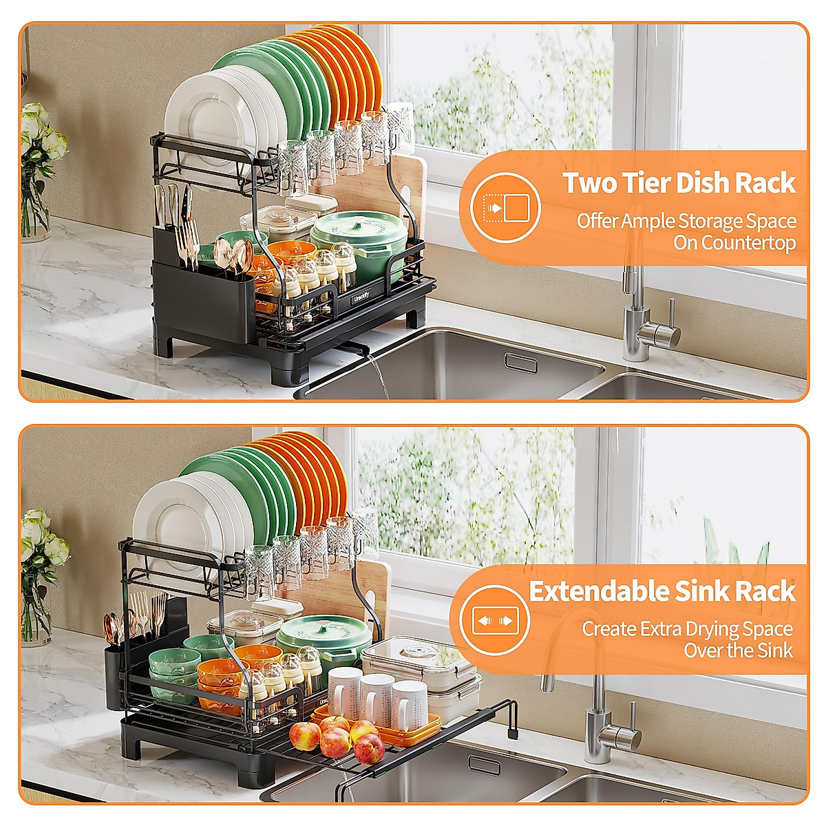 Urackify Extendable Dish Drying Rack, 2-Tier Dish Rack for Kitchen Counter, Large Expandable Dish Drainer Over Sink, 3 in 1 Multifunction Dish Strainer with Drainboard & Cups Holder, Black