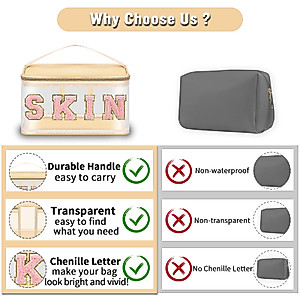 Chenille Letter Clear Makeup Bags Skin Pouch, Preppy Patch Makeup Bag Zipper with Handle, Transparent PVC & Nylon Waterproof Glitter Cosmetic Handbag Travel Toiletry Storage for Women Girl(SKIN-Beige)