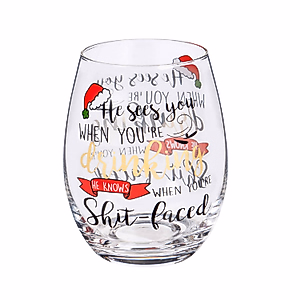 Cypress Home Beautiful Christmas He Sees You When You're Drinking Metallic Stemless Wine Glass - 4 x 5 x 4 Inches Indoor/Outdoor home goods For Kitchens, Parties and Homes