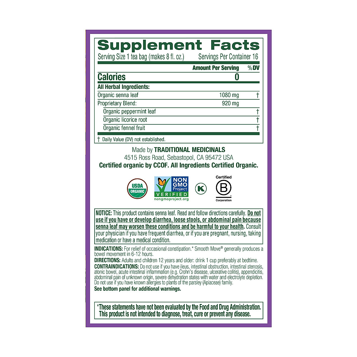 Traditional Medicinals Organic Smooth Move Peppermint Tea, 16 ct