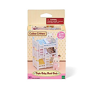 Calico Critters Triple Baby Bunk Beds, Dollhouse Toy Furniture, Multicolor, basic (CC2624), Set includes three beds, three mattresses with pillows, three blankets and two ladders