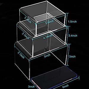 Ouskr 6 Pcs Acrylic Risers for Display, Acrylic Display Riser, Clear Display Stands for Shelf Dessert Cupcake Candy Food Tabletop Collectibles Product Bar Action Figure Jewelry Showcase (3- 4- 5 IN)