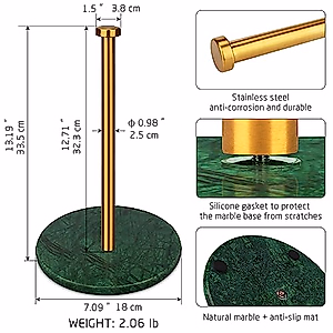 HESHIBI Paper Towel Holder Countertop with 7" Weighted Green Marble Base - Retro Free Standing Paper Roll Holder, Brushed Gold Stainless Steel Stand Paper Towel Holder for Kitchen and Bathroom