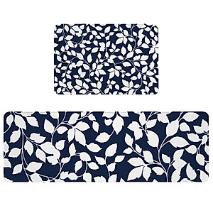 Carosoffe White Leaf Kitchen Rug 2 PCS, Non-Slip Soft Absorbent Standing Mats for Kitchen Bathroom Living Room Laundry Room Runner Rug Set Spring Botanical Silhouette Navy Blue 20x31.5+20x47
