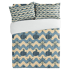 California King Duvet Covers Nautical Rudder Submarine 3-Piece Bedding Sets Luxury Soft Microfiber Bed Comforter Protector with Pillow Cases for Women Men Girl Boy Water Ripple Stripes