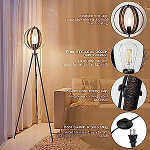 JUNNAI Vintage Tripod Floor Lamp: Unique Retro Tall Lamp with Rotating Cage Shade & E26 Lamp Base | Mid Century Standing Lamp for Living Room, Bedroom, Office
