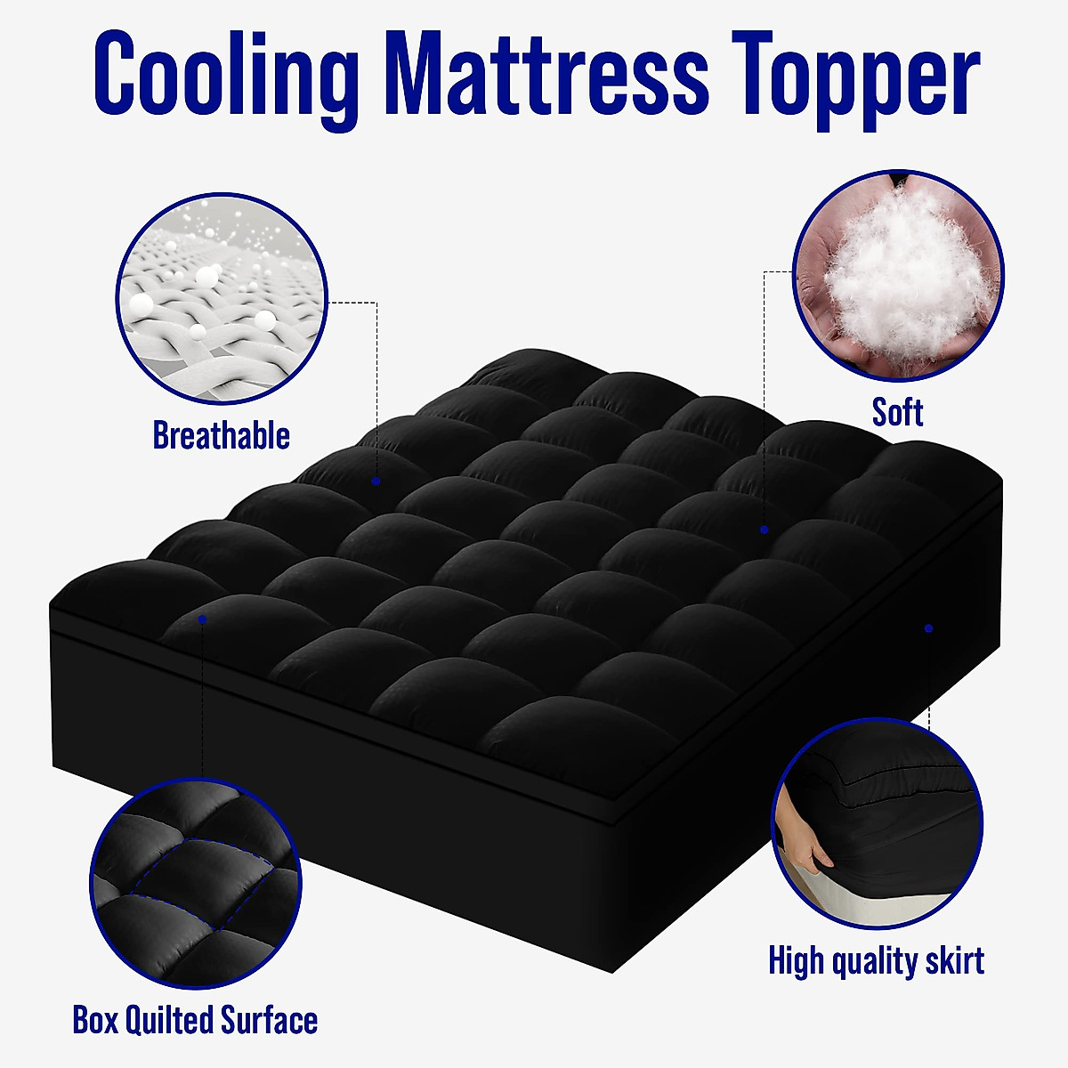 HYLEORY Full XL Size Mattress Topper for Back Pain, Extra Thick Cooling Mattress Pad Cover, Down Alternative Overfilled Plush Pillow Top with 8-21 Inch Deep Pocket, Black