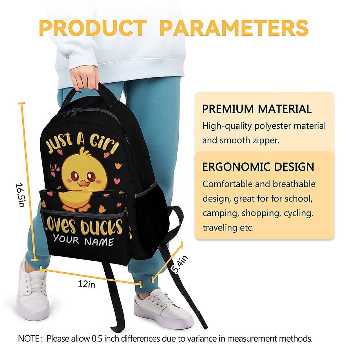 FUZZYFIT Personalized Duck Backpacks for Girls, 16 Inch Cute Print Backpack for School, Black Lightweight Bookbag for Travel