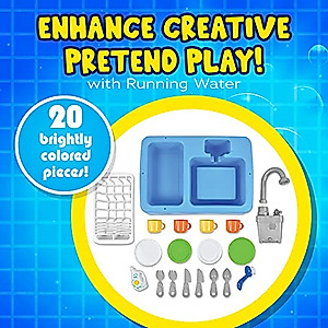 Sunny Days Entertainment Kitchen Sink Play Set with Running Water – 20 Piece Pretend Play Toy for Boys and Girls | Kids Kitchen Role Play Dishwasher Toys, Multi