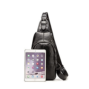 Leather Small Sling Bag,Crossbody Shoulder Bag for Men Women PU Leather Travel Cycle Hiking Daypack (Black)