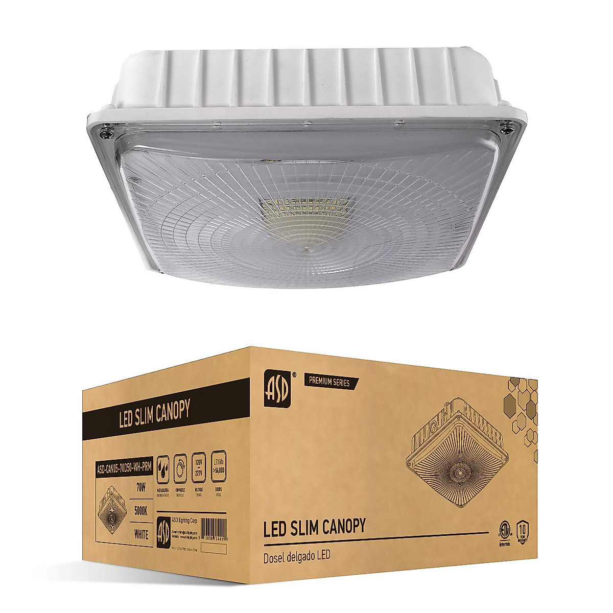 ASD LED Canopy Light Outdoor, 70W 8400 Lm Dimmable, Daylight 5000K, 120-277VAC 175W HID/MH Replacement, IP65 Waterproof Gas Station and Garage Ceiling Light 9.6" x 9.6", ETL & DLC Listed, White Finish