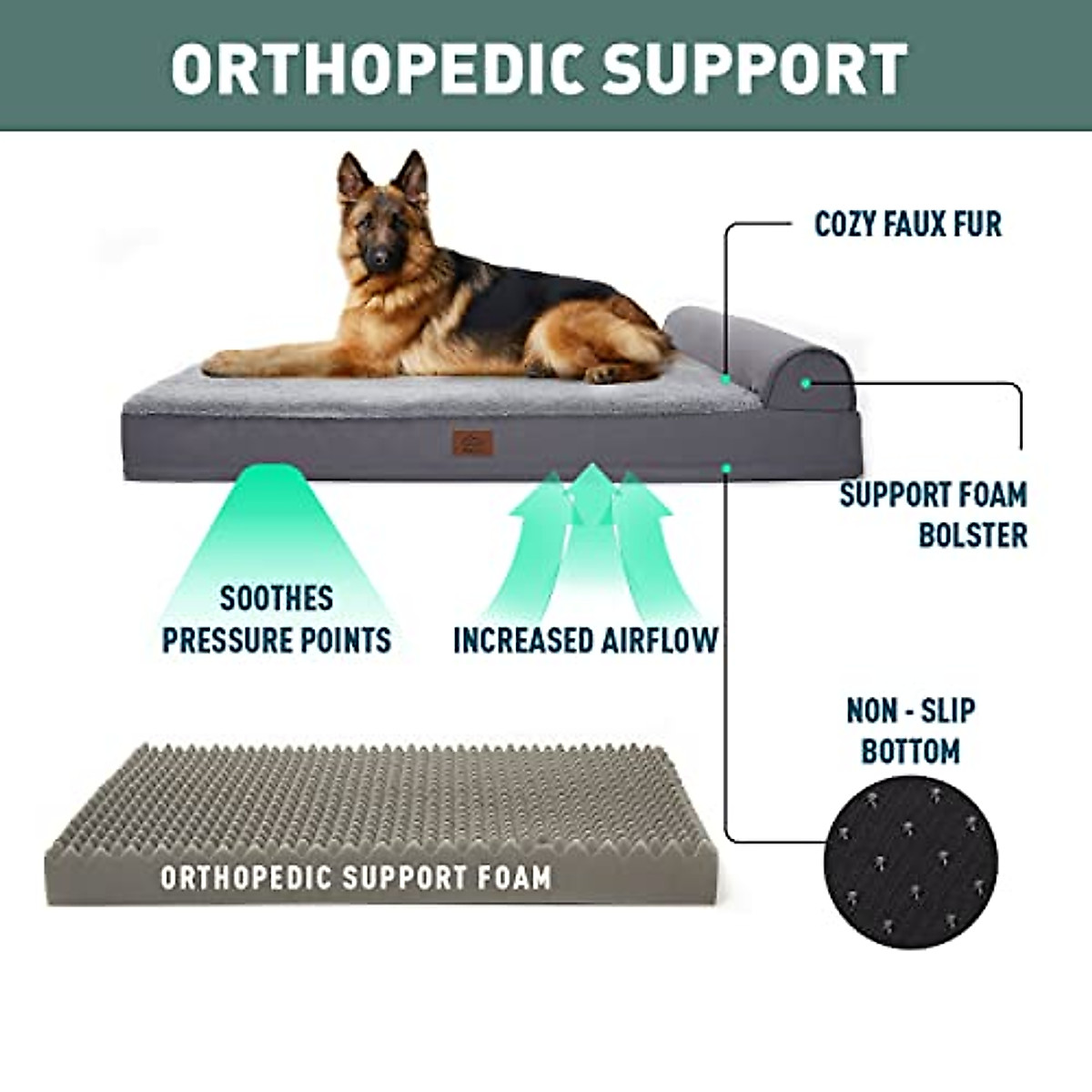 Eterish Extra Large Orthopedic Dog Bed for Medium, Large, Extra Large Dogs up to 100 lbs, 4 inches Thick Egg-Crate Foam Bolster Bed with Removable Cover, T-Shape Pet Bed Machine Washable, Grey
