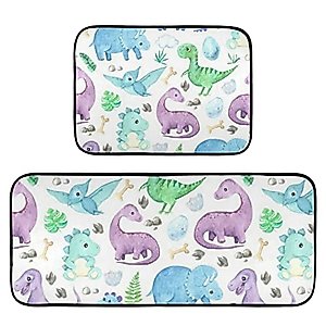 Emelivor Little Dinosaurs Kitchen Rugs and Mats Set 2 Piece Non Slip Washable Runner Rug Set of 2 for Kitchen Floor Home Decorative Laundry