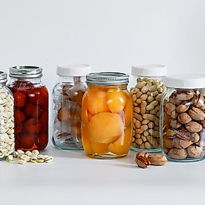 Jumterlee 6 Pack 32 oz Glass Mason Jars, Wide Mouth Mason Jars with Lids and Bands and 6 White Plastic Mason Jar Lids, Clear Glass Mason Jars