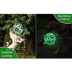 QDAN Glow in The Dark Dog Toys Soccer Ball with Straps, Interactive Dog Toys Puppy Birthday Gifts, Dog Tug Water Toy, Indoor/Outdoor Light Up Dog Balls for Small & Medium Dogs（8 Inch Size 3）