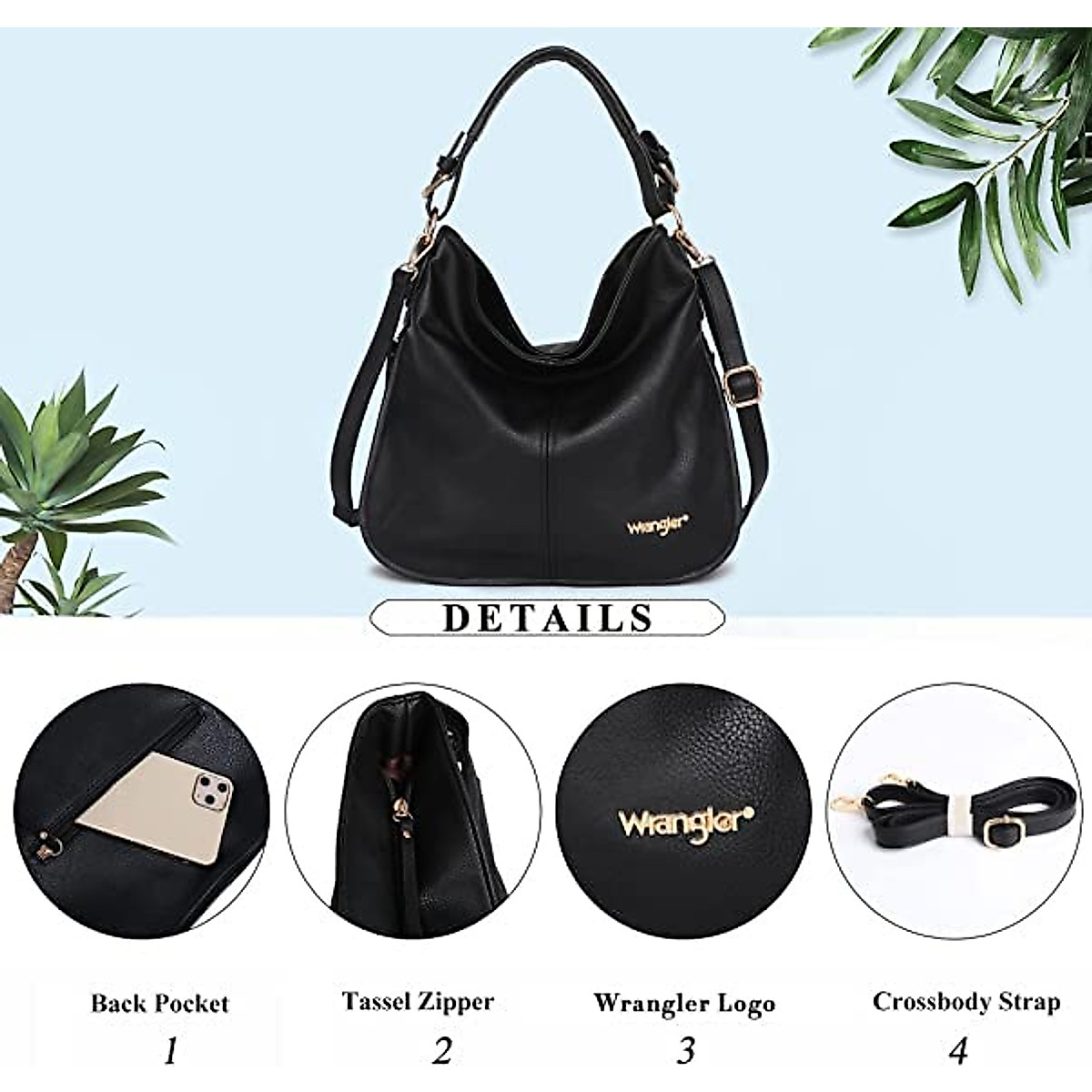 Montana West Wrangler Purses and Handbags for Women Hobo Bags Vegan Leather Crossbody Shoulder Bags Women Tote Bags WG16-1022BK Black