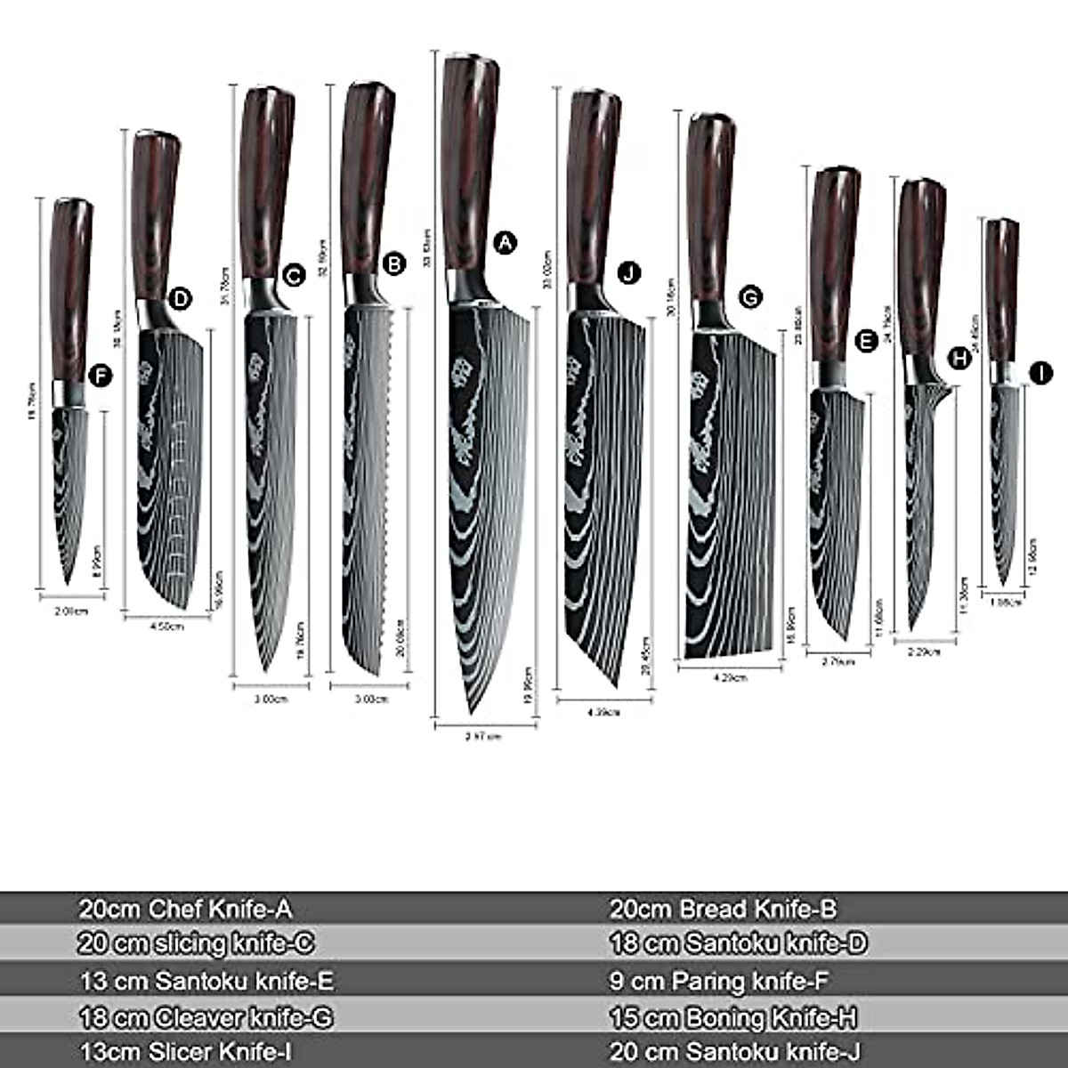ZENG Kitchen Knife Set 10 PCS, Kitchen Knife Set without Block, Japanese Knife Set Stainless Steel, Chef knife set Professional, Pakkawood Handle, Sharp Knife Set for Vegetable Meat Fruit