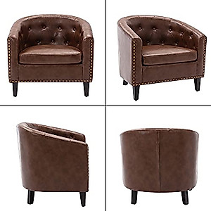 SSLine Armchair Barrel Club Chair,Modern PU Leather Accent Chair Arm Club Chair w/Nailheads and Solid Wood Legs,Tub Barrel Style Lounge Chair for Living Room Bedroom Reception Room (Brown)