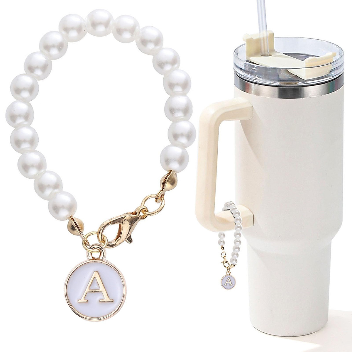LUHOHI Letter Charm for Stanley Cup，Pearl Chain Accessories Stanley Cup Initial Charms for Handle Stuff Decor Water Bottle Jewelry Tumbler Cute Simple Modern Personalized Name ID Decorations (A)
