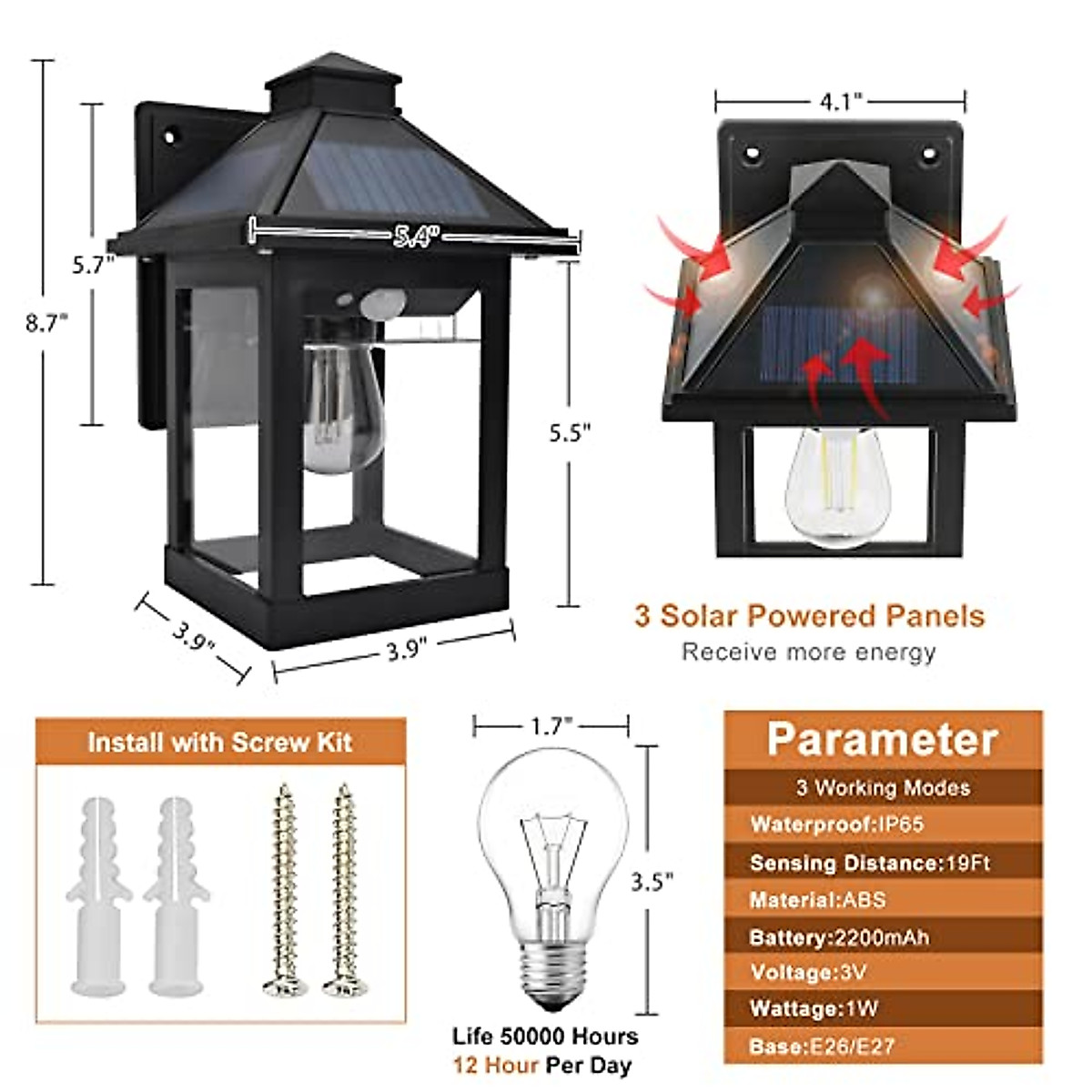 Nodfens 2 Pack Solar Wall Lanterns Outdoor with 3 Modes, Wireless Dusk to Dawn Motion Sensor LED Sconce Lights IP65 Waterproof, Exterior Front Porch Security Lamps Wall Mount Patio Fence Decorative