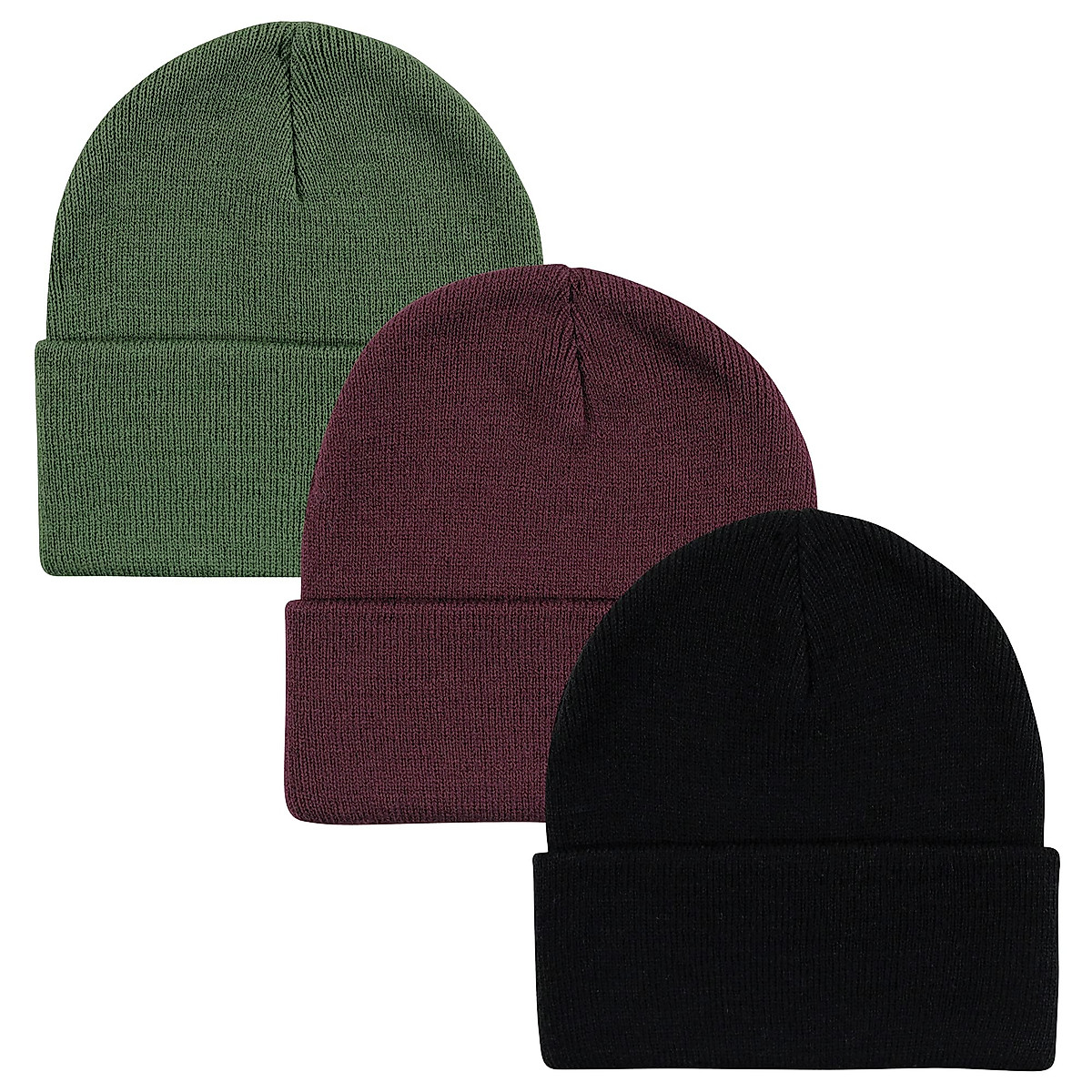 Hudson Baby Unisex Baby Knit Cuffed Beanie 3pk, Green Burgundy, Infant Toddler