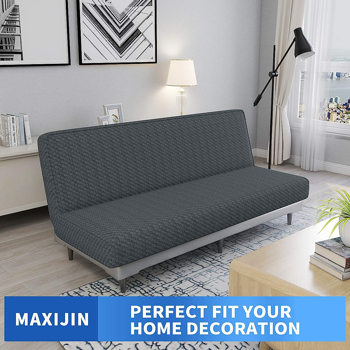 MAXIJIN Jacquard Futon Cover Stretch Armless Sofa Cover Soft Slipcover with Elastic Bottom Thick Furniture Protector for Washable Futon (Dark Gray)