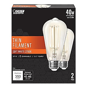 Feit Electric ST19 Vintage Edison LED Light Bulb, 40W Equivalent, Dimmable, 2700K Soft White, E26 Base, Clear Glass Thin Filament Lighting Bulbs, 15,000-Hour Lifetime, ST1940/927CATFIL/2, 2 Pack
