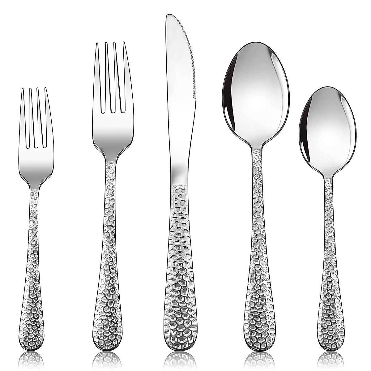 Homikit 20 Pieces Hammered Silverware Set, Stainless Steel Flatware Cutlery for 4, Fancy Metal Tableware Eating Utensils Include Knives Forks Spoons, Mirror Polish, Dishwasher Safe