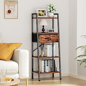 Furologee 4 Tier Ladder Shelf, Narrow Ladder Book Shelf with Drawer, Modern Bookcase Freestanding Shelf Units, Storage Shelves Organizer for Bedroom, Living Room, Bathroom, Home Office, Rustic Brown