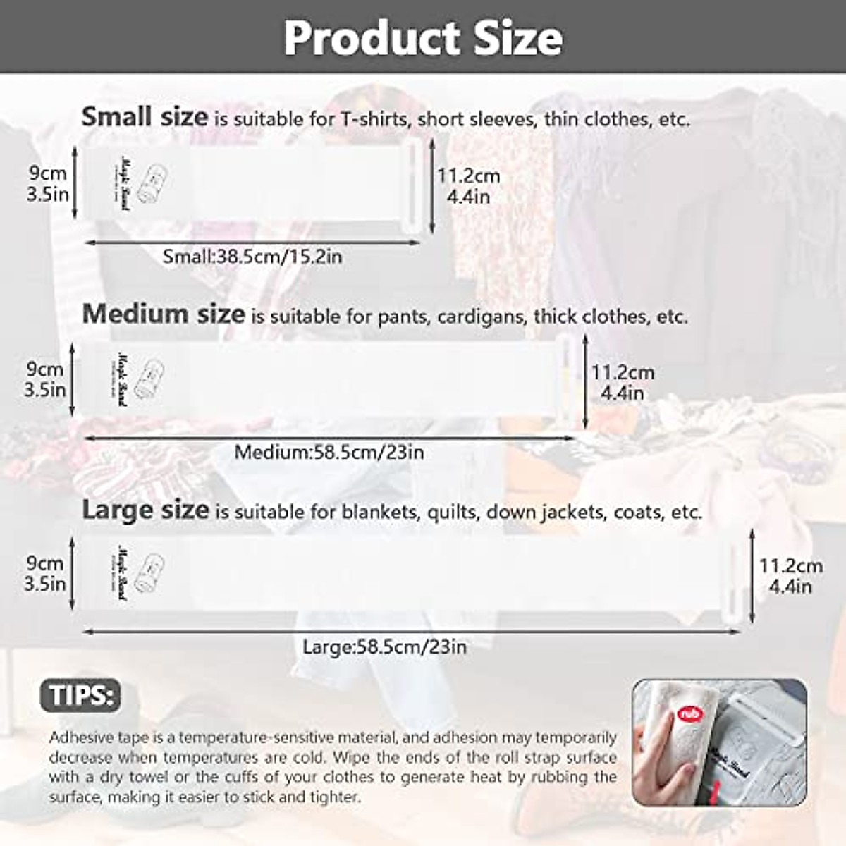 Closet Organizers Storage Belt Self-adhesive Durable PVC Clothes Stacking Organizer Strap for Folded Household Shirt T-shirts Pants Towels Bed Sheets Storage Roll Band Fold Up Organize (9)