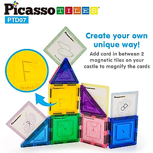 PicassoTiles Magnetic Building Tiles Learning Set with Animal, Food and Letters Card Magnet Block Combo Set Attachable Magnify STEM Educational Construction Set for Boys & Girls Ages 3+